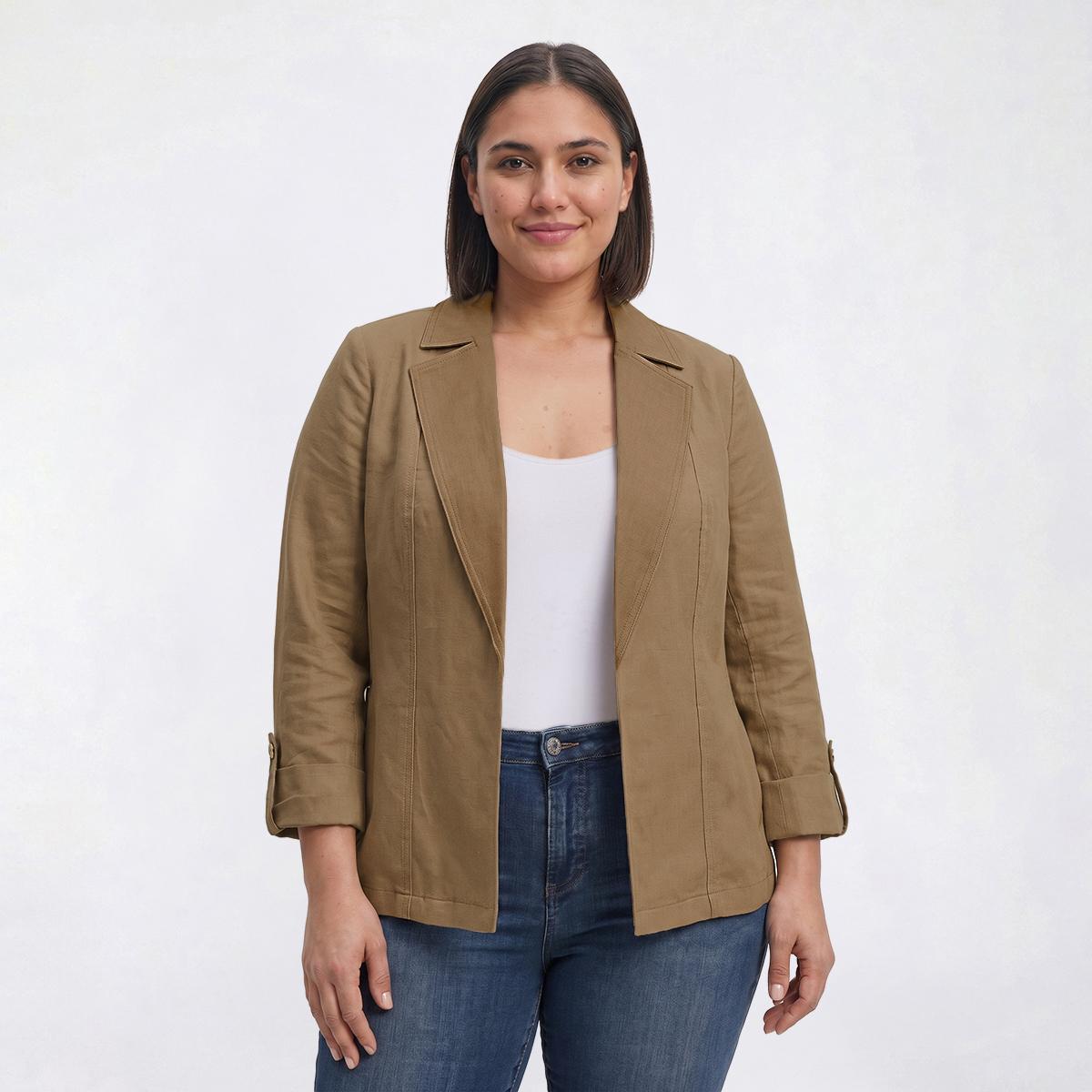 Click here for Plus Size Kasper Long Cuff Sleeve Open Front Linen... prices